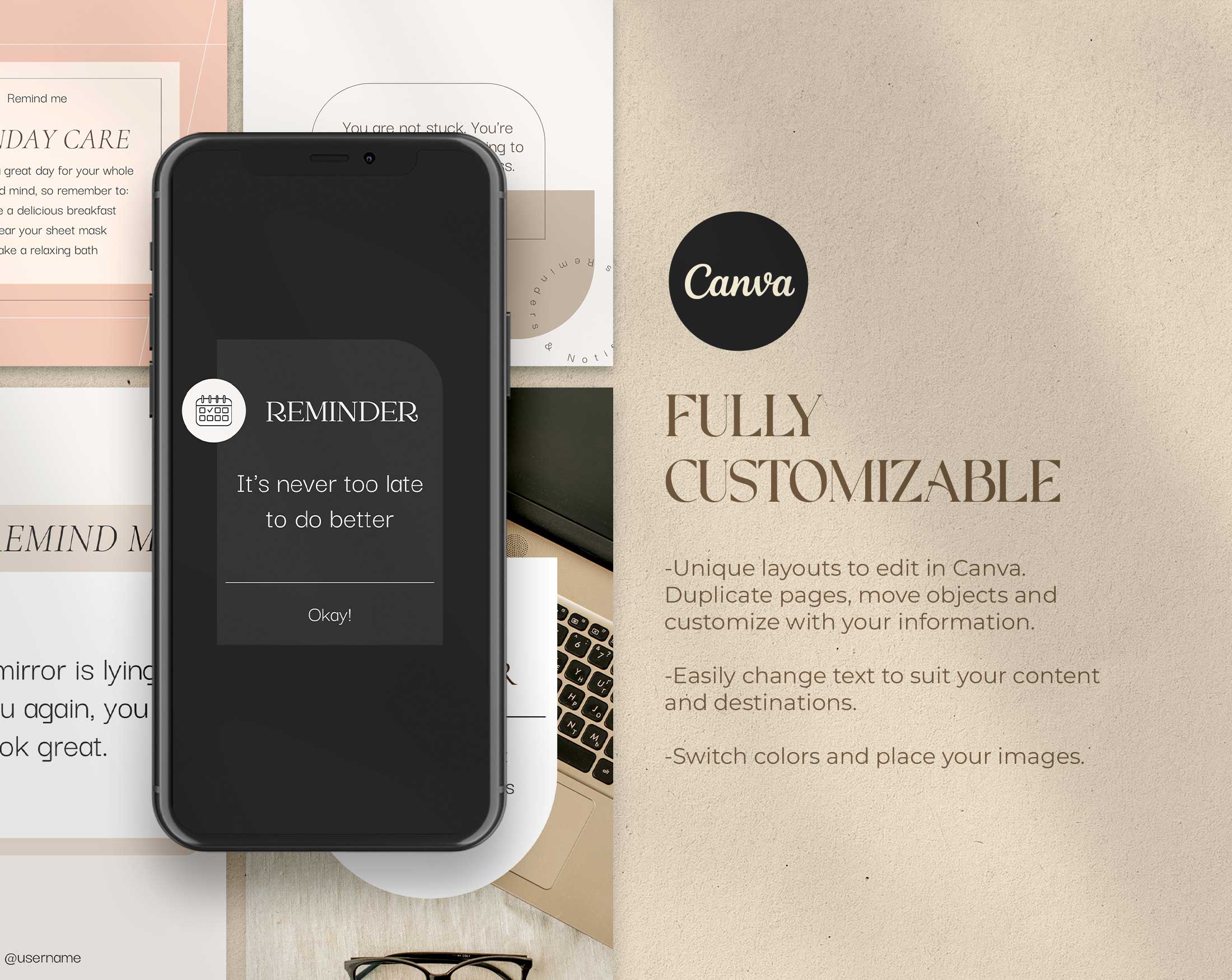 Vogue Reminders & Notifications Social Media Creator Kit Canva Template ...
