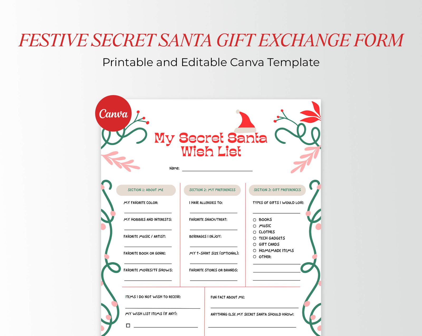 Festive Secret Santa Gift Exchange Form Printable and Editable Canva Template | Digital Products ...