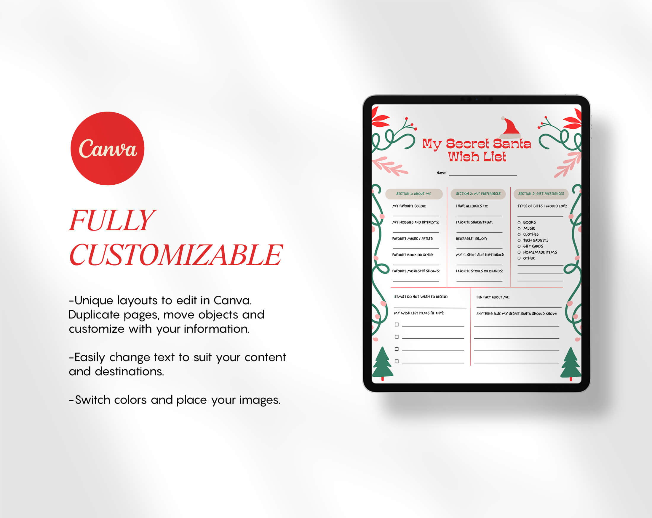 Festive Secret Santa Gift Exchange Form Printable and Editable Canva ...
