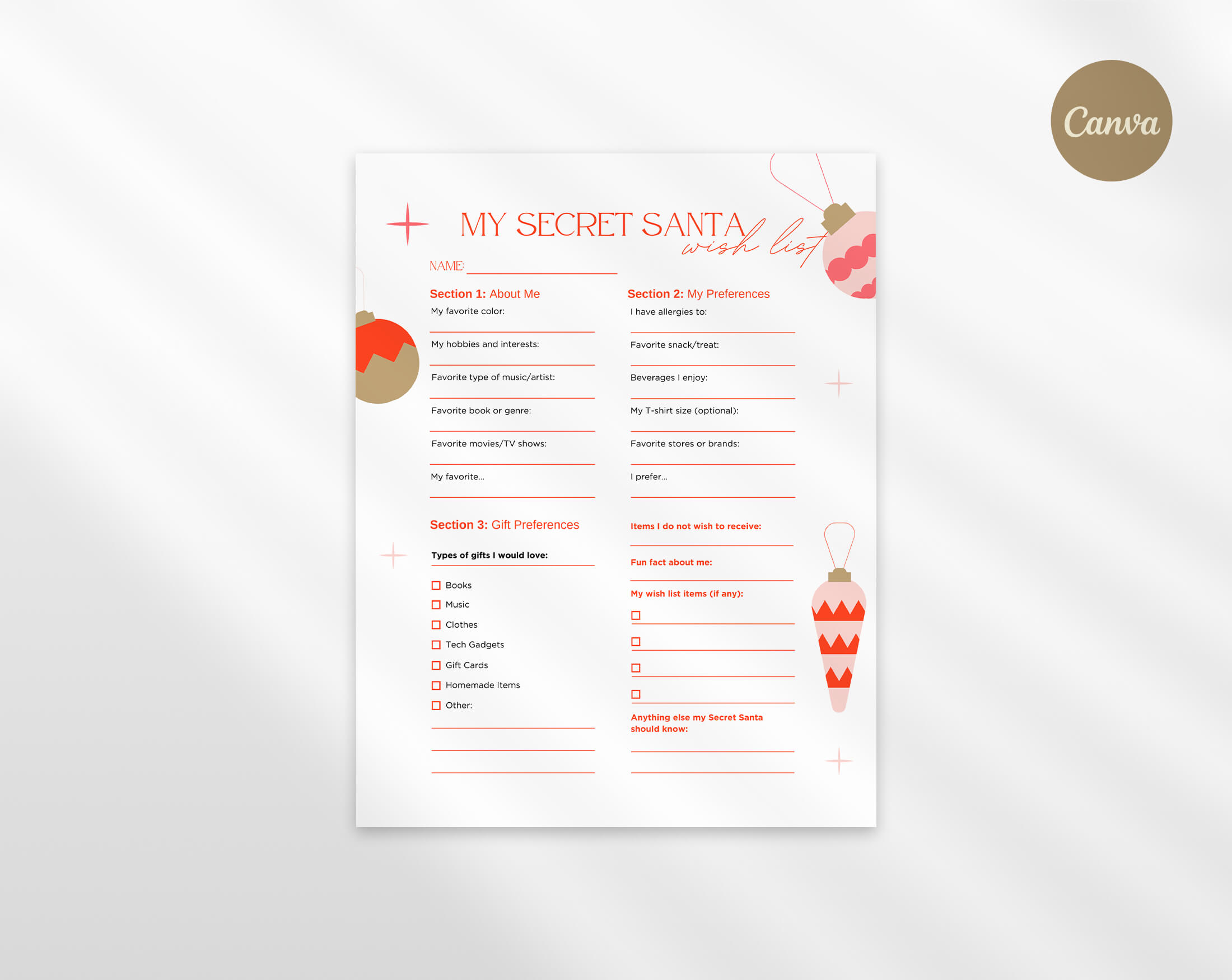 Classic Secret Santa Gift Exchange Form Printable and Editable Canva ...