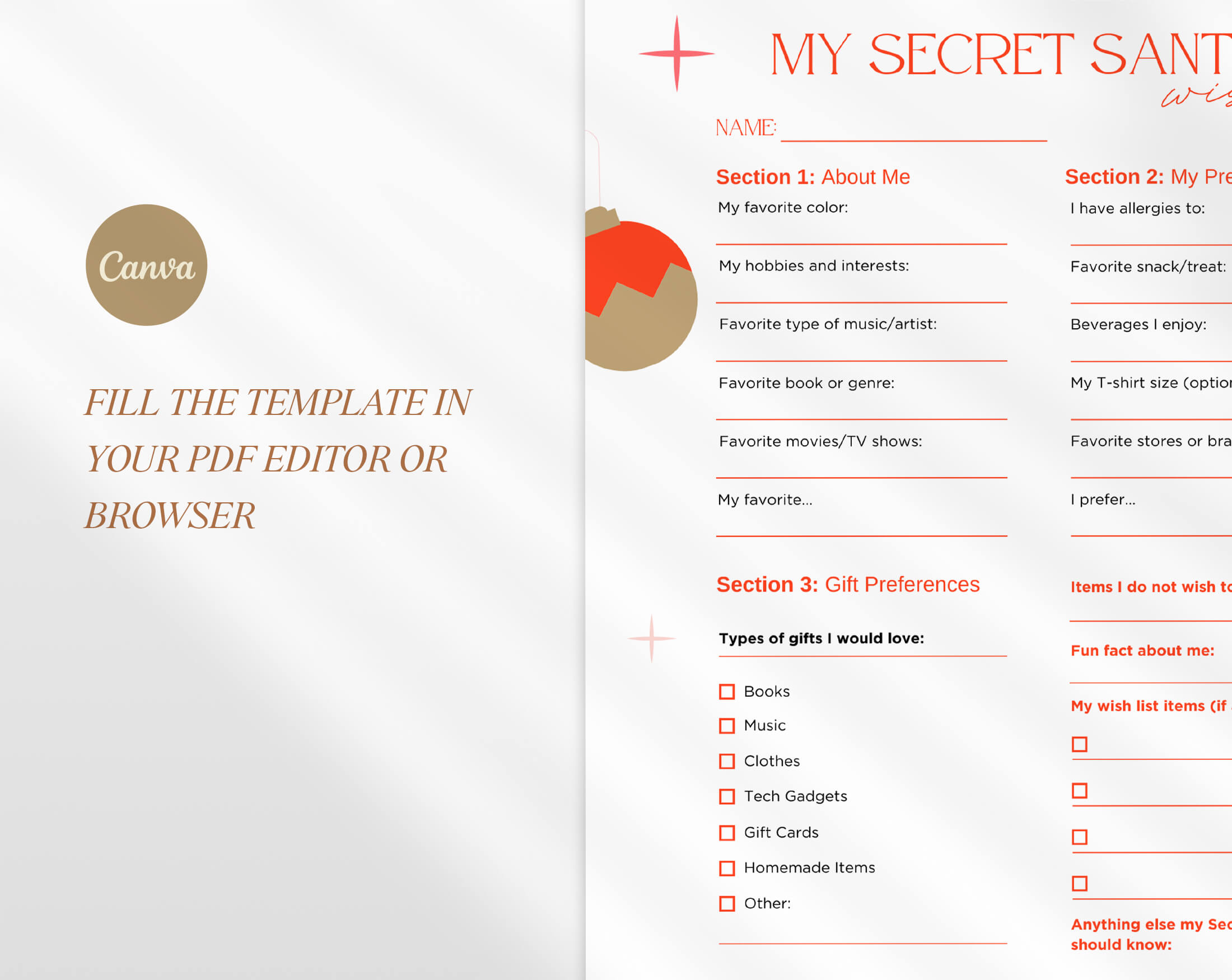 Classic Secret Santa Gift Exchange Form Printable and Editable Canva ...