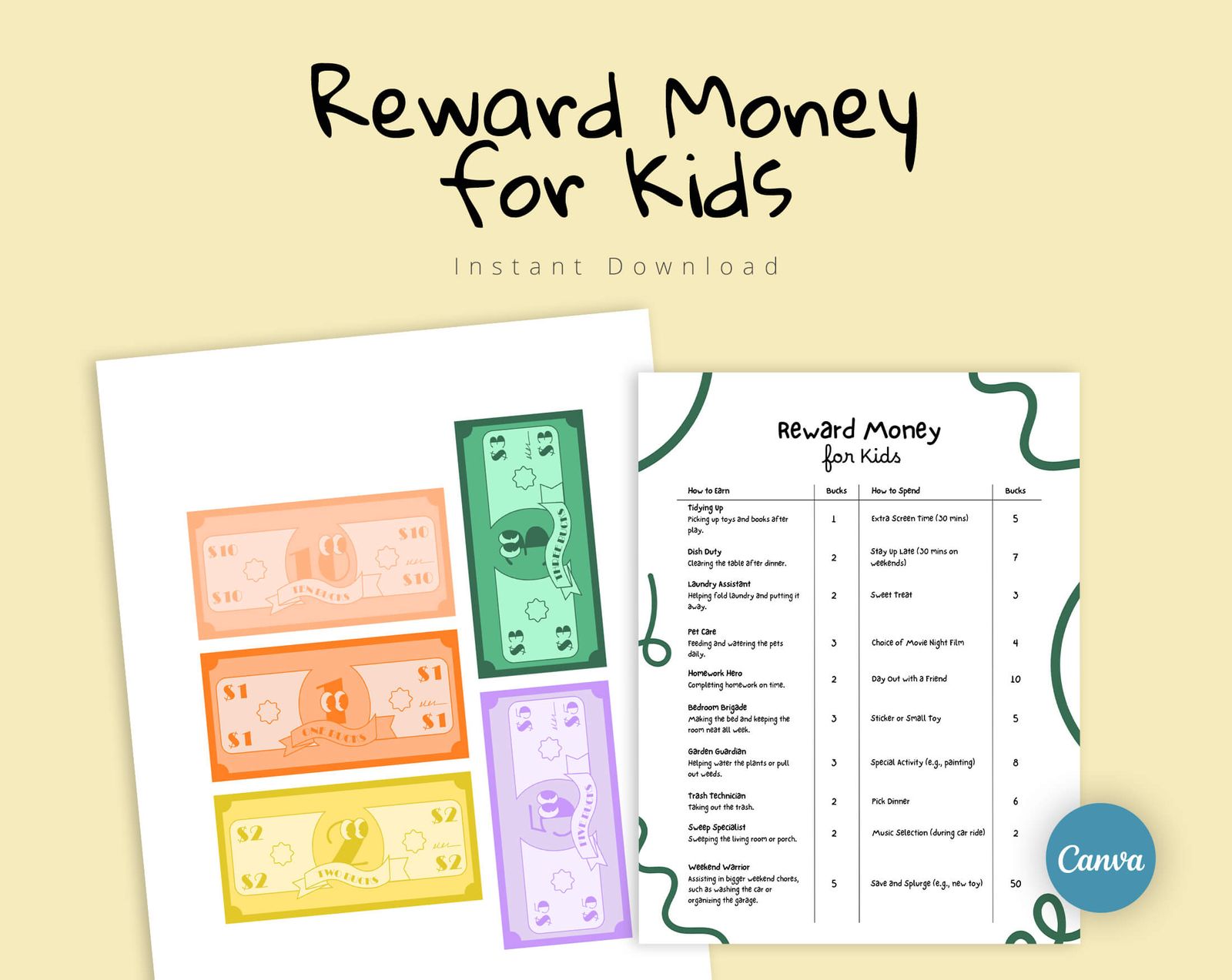 Editable Reward Money for Kids Canva Template | Digital Products with ...