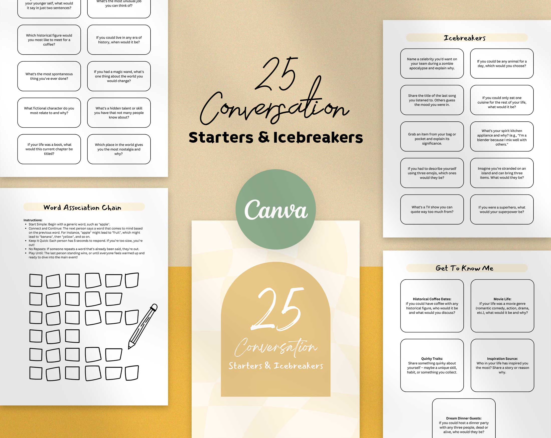 25 Conversation Starters & Icebreakers Canva Template | Digital ...