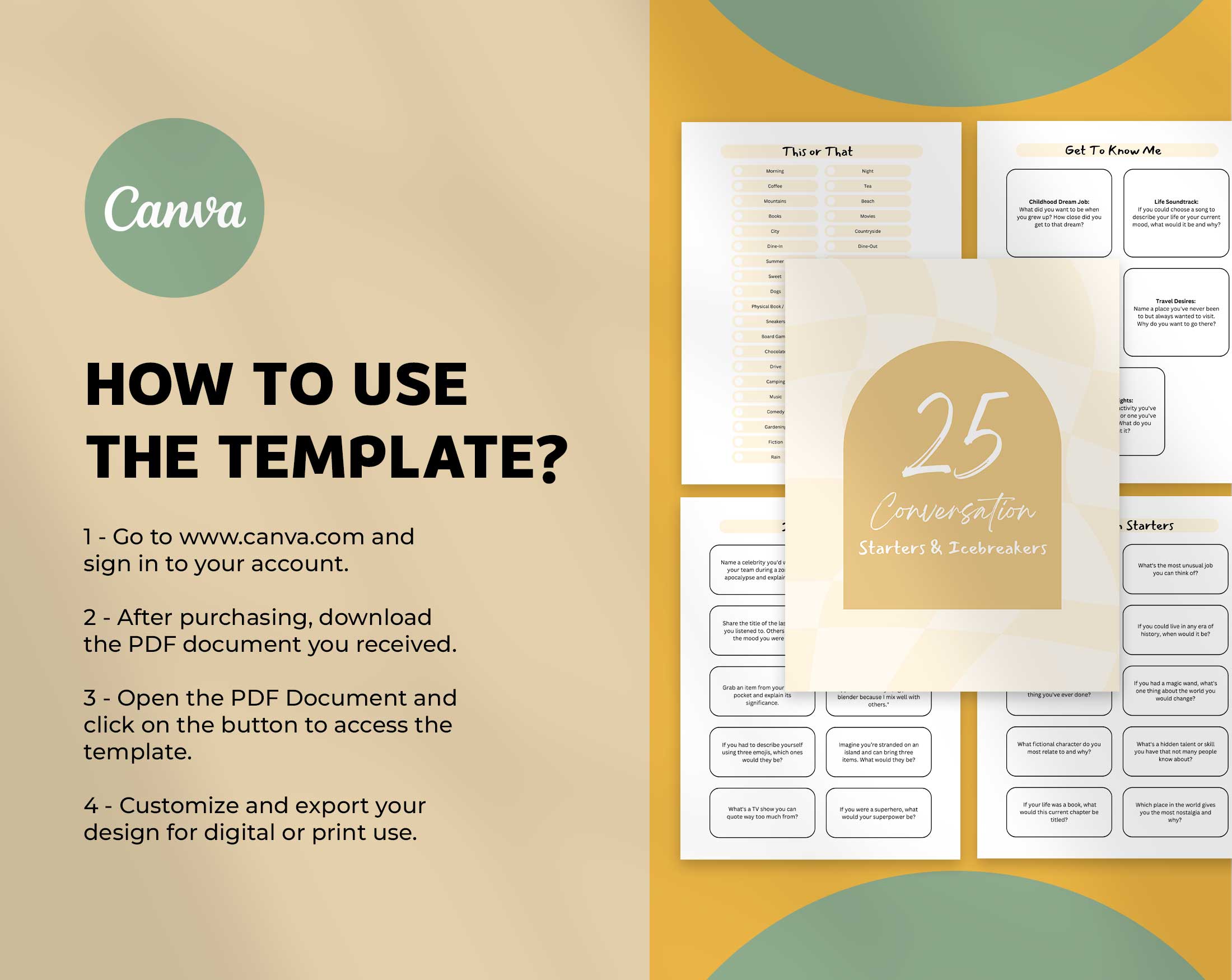 25 Conversation Starters & Icebreakers Canva Template | Digital ...