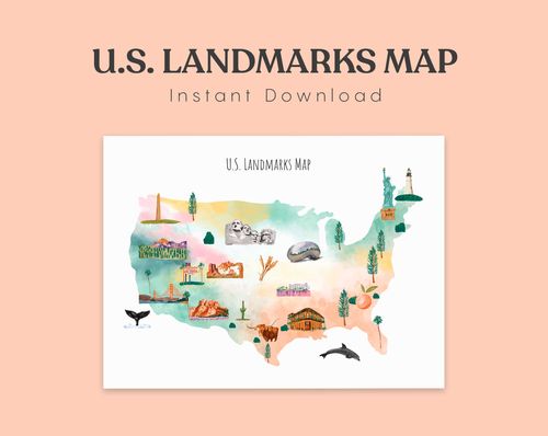 United States Landmarks Illustrated Map | Digital Products with ...