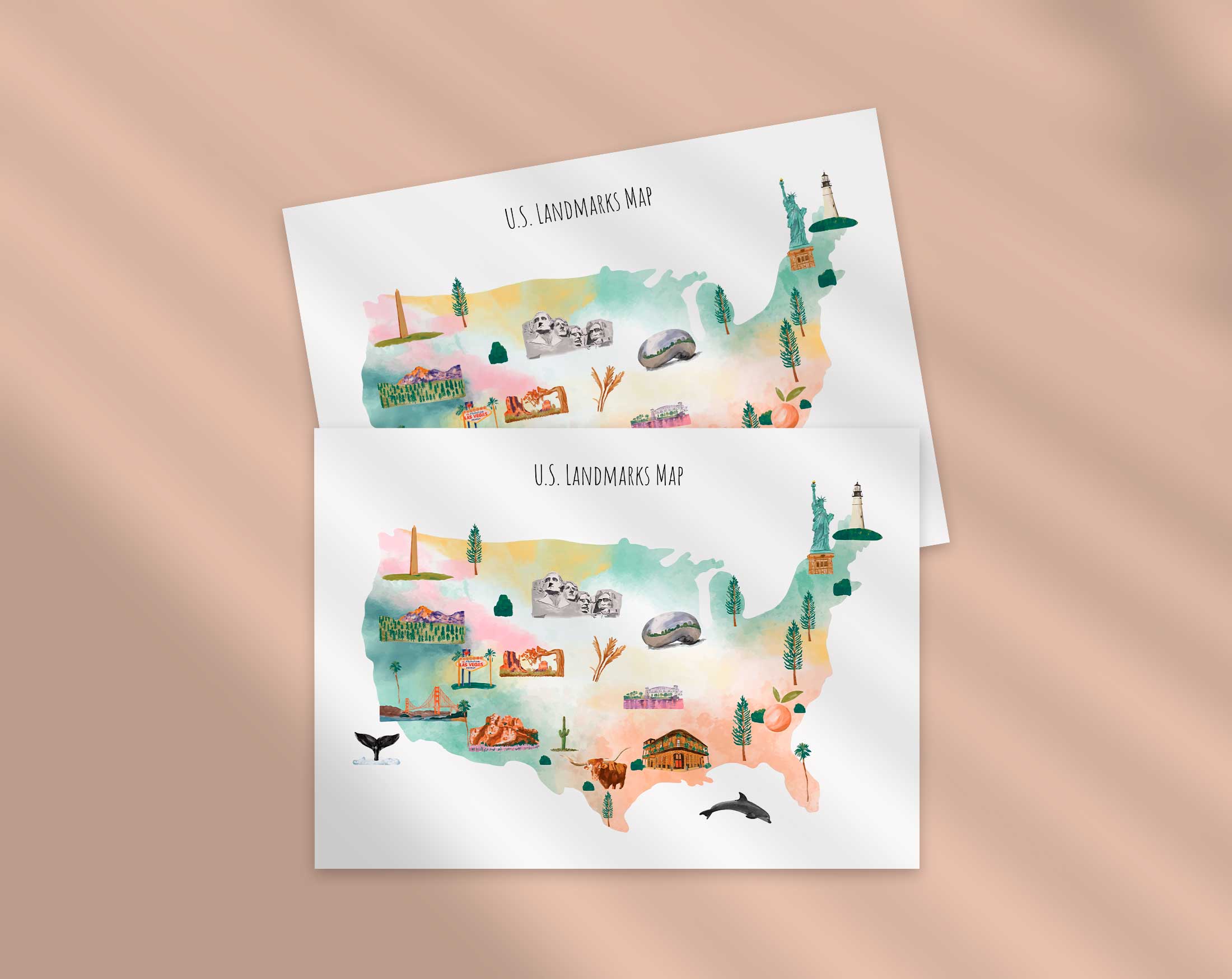United States Landmarks Illustrated Map | Digital Products with ...