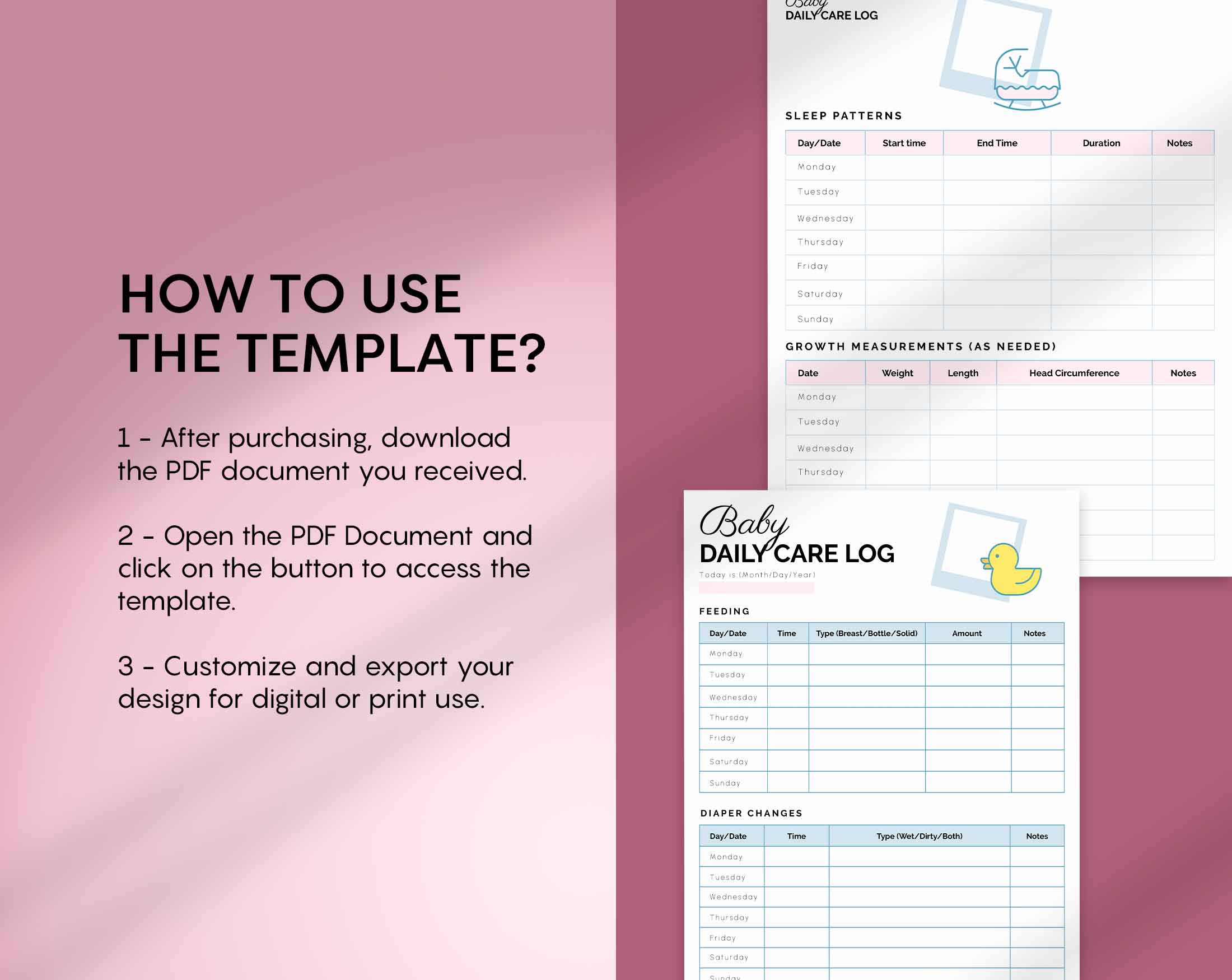 Baby Daily Care Log Comprehensive Tracker | Digital Products with ...