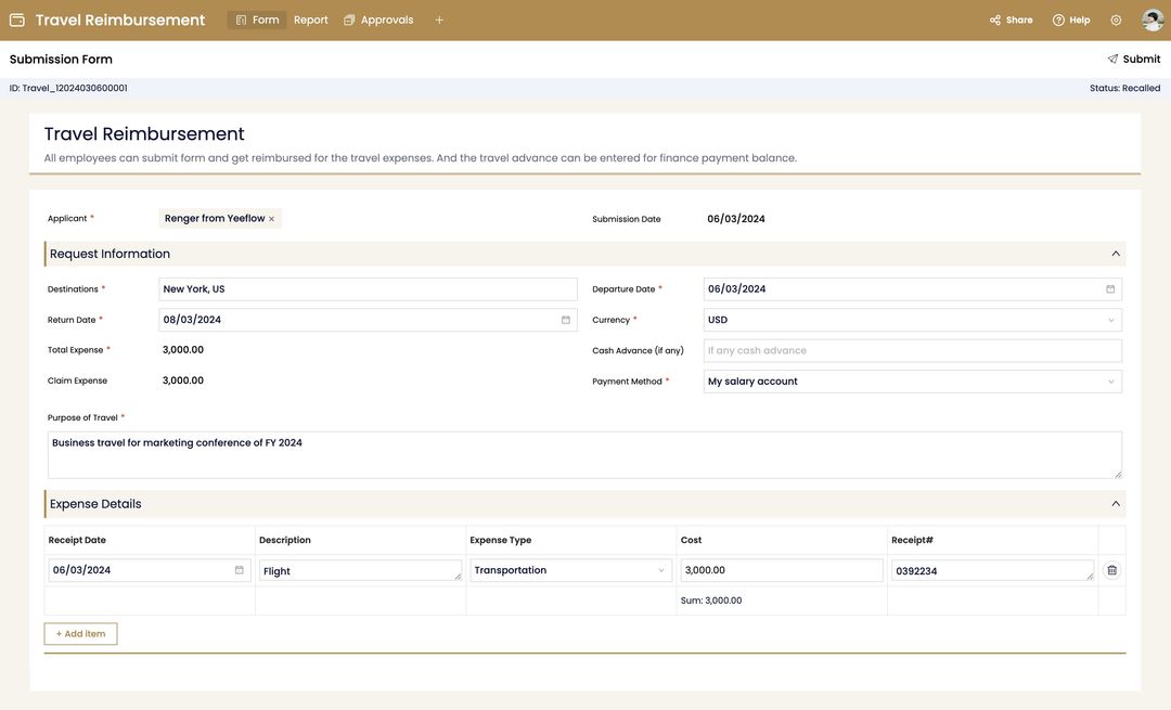 Travel Reimbursement | Yeeflow Templates