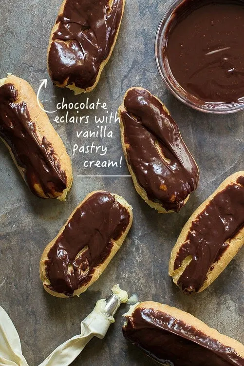 Chocolate Eclairs with Custard Filling - Foodness Gracious