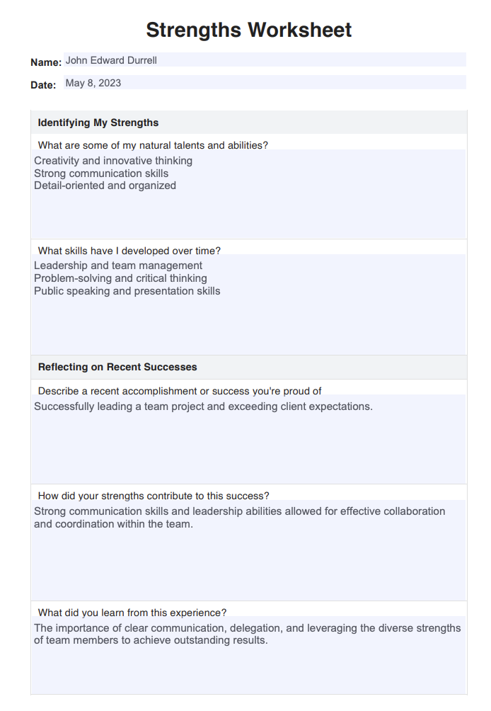 Strengths And Weaknesses Worksheet