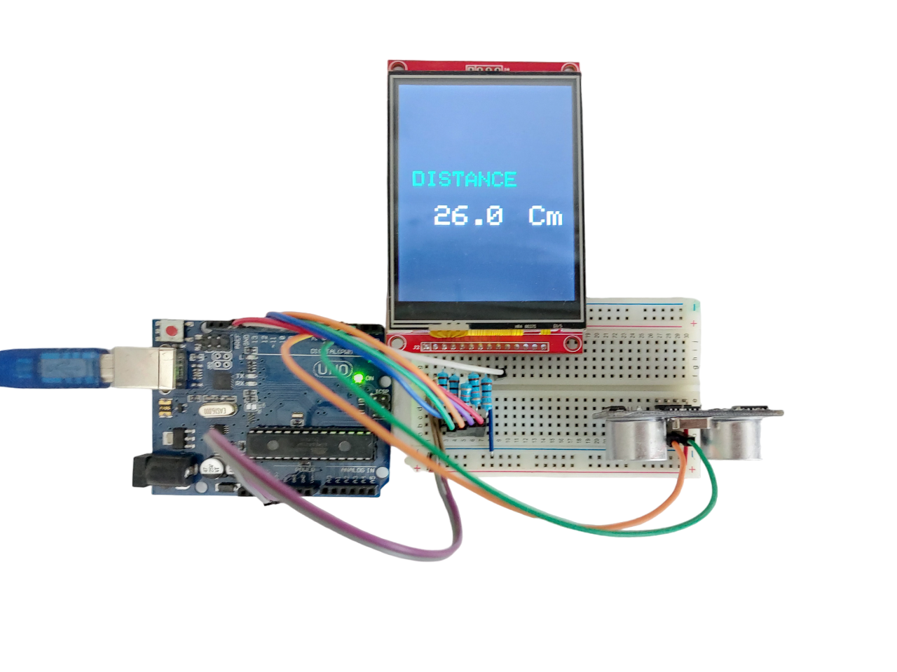 Voltaat Learn - Display the distance value on a TFT Display with arduino