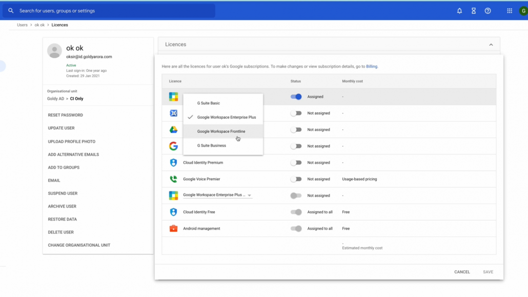 Google Workspace Frontline - License Assignment in Admin Console