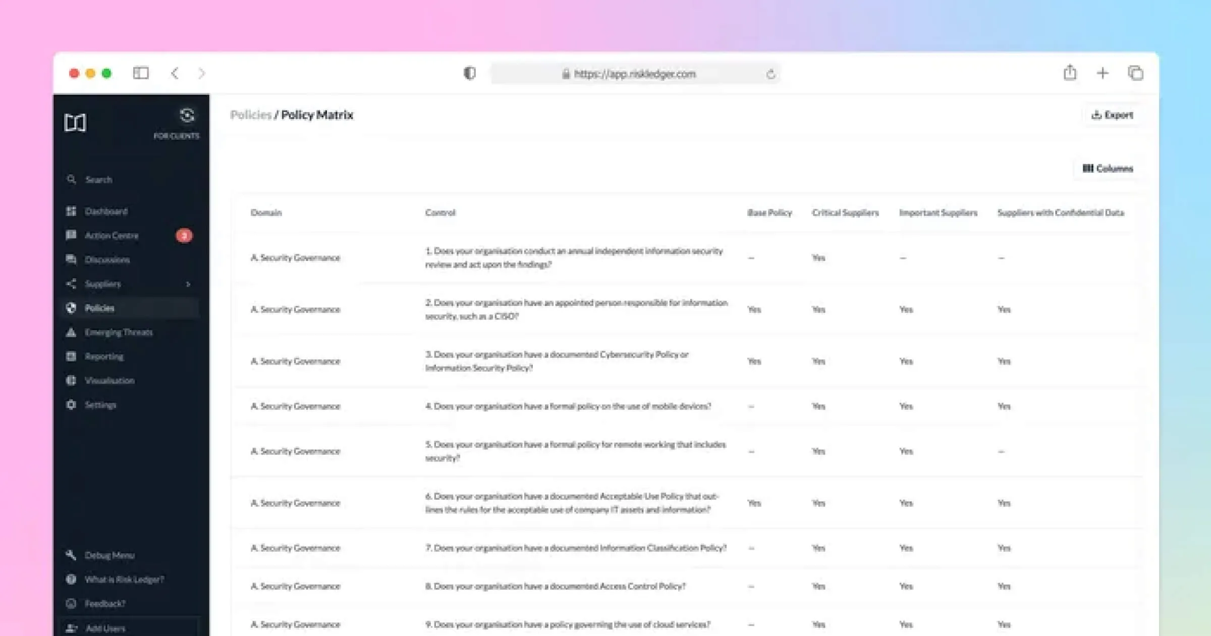 Policies Matrix - Risk Ledger