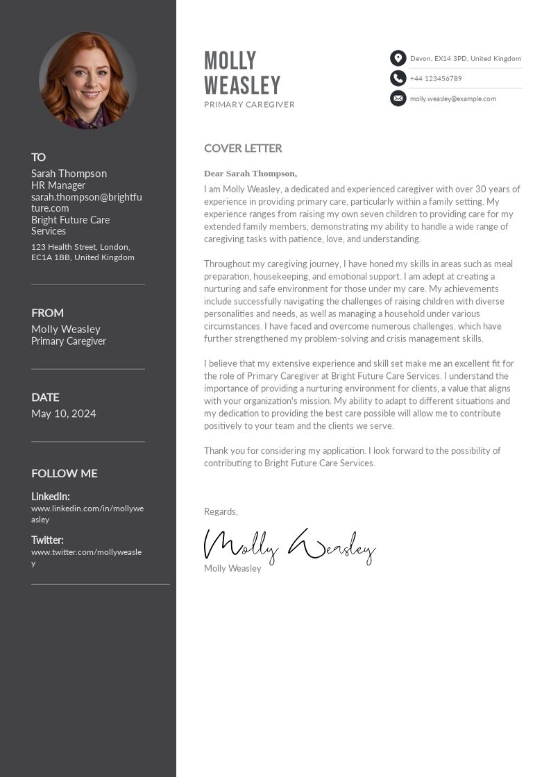 Primary Caregiver Cover Letter Templates & Writing Guide 2021