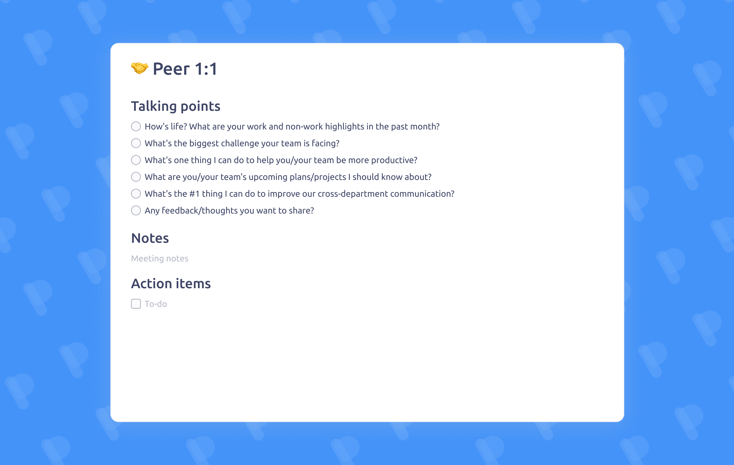 Peer One-on-One meeting template