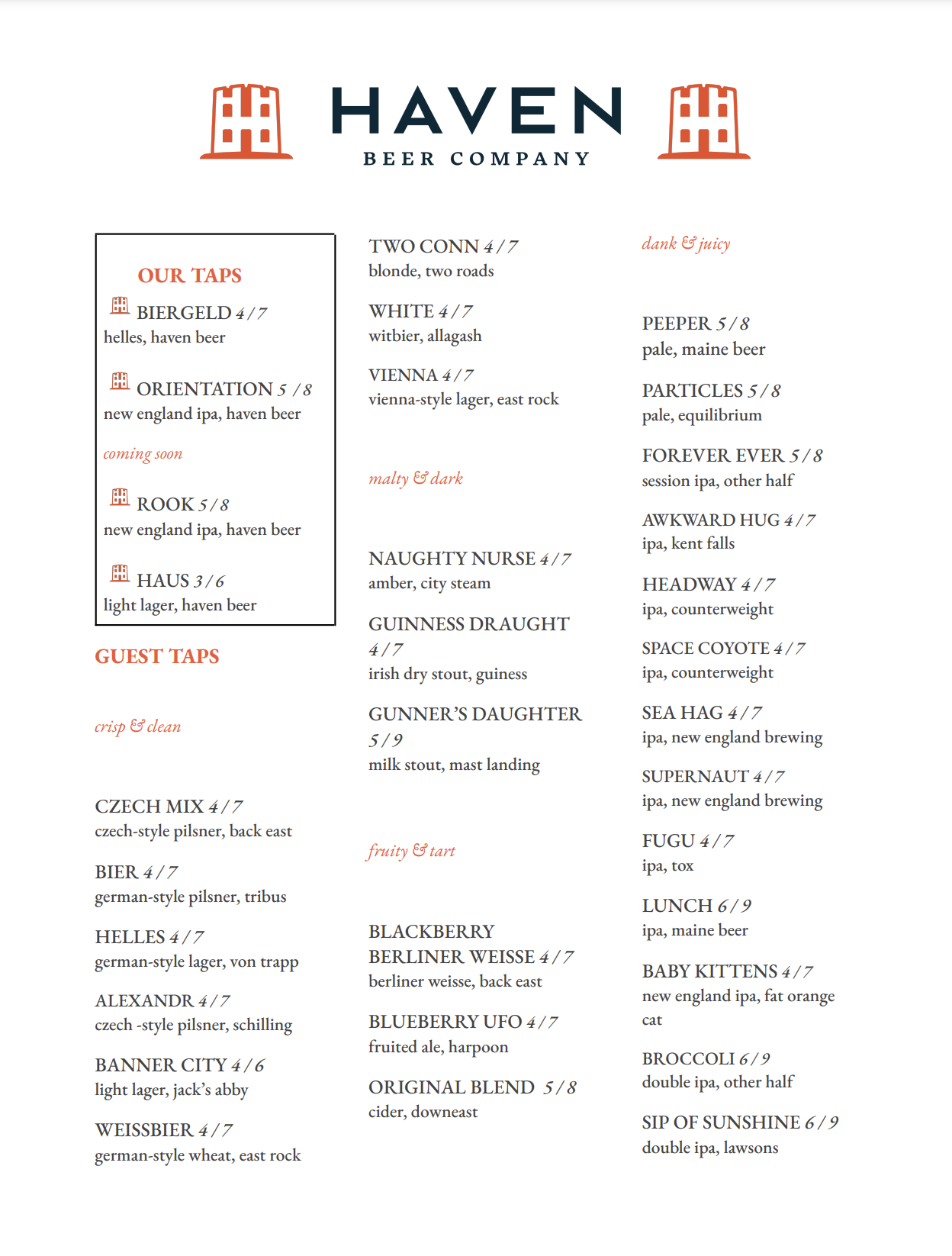 Menus | Haven Beer Company | Hamden, CT | Beer, Cocktails, & Food