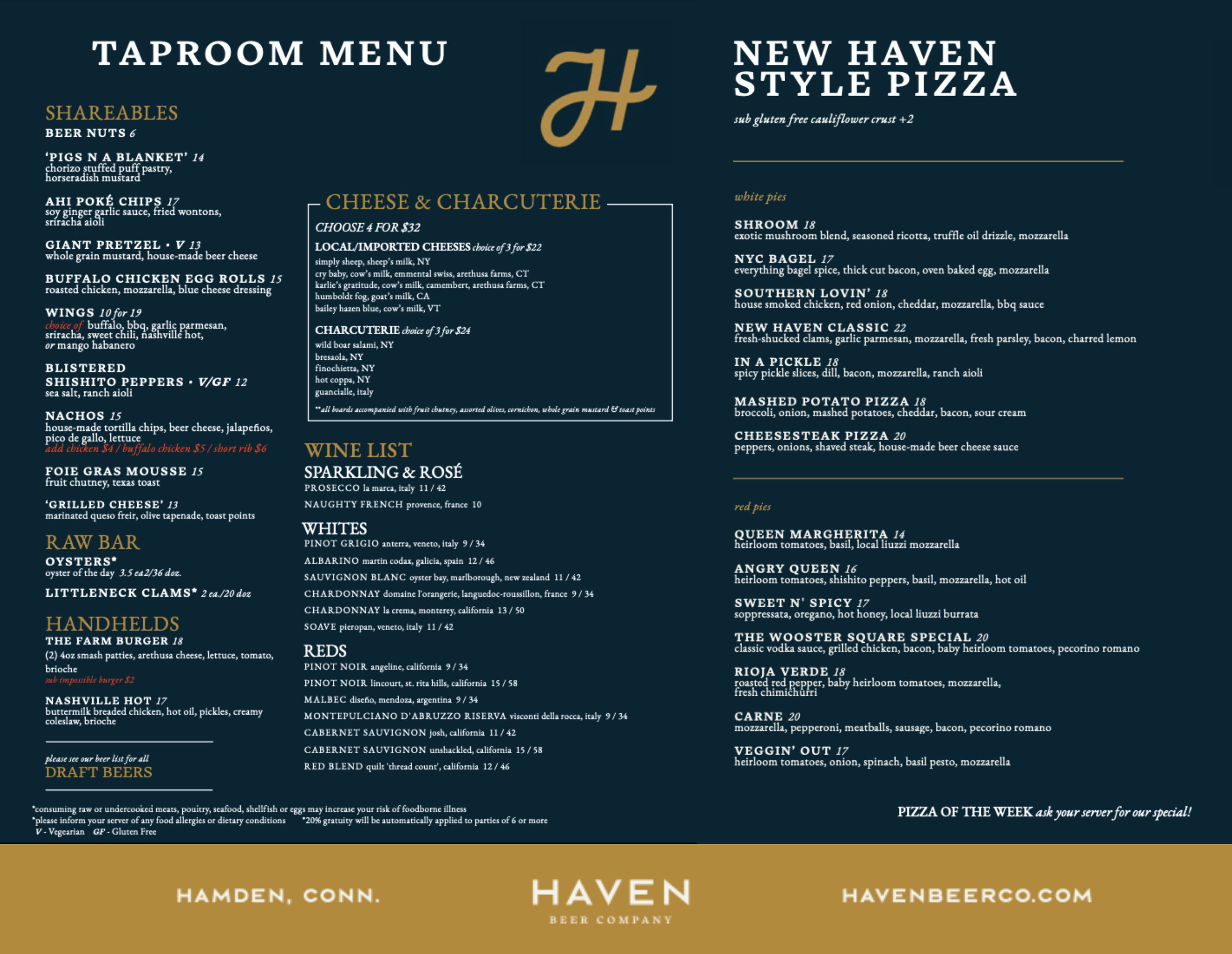 Menus | Haven Beer Company | Hamden, CT | Beer, Cocktails, & Food