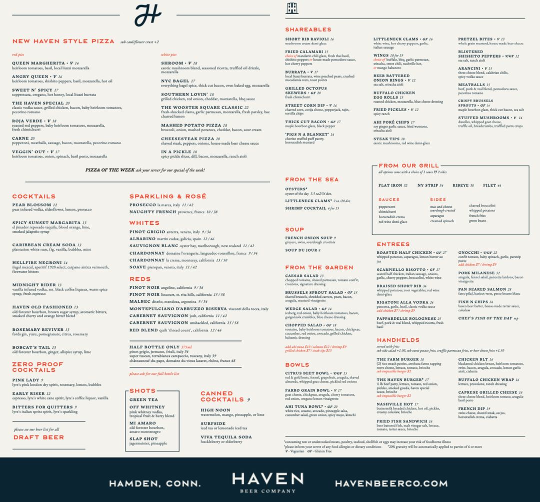 Menus | Haven Beer Company | Hamden, CT | Beer, Cocktails, & Food