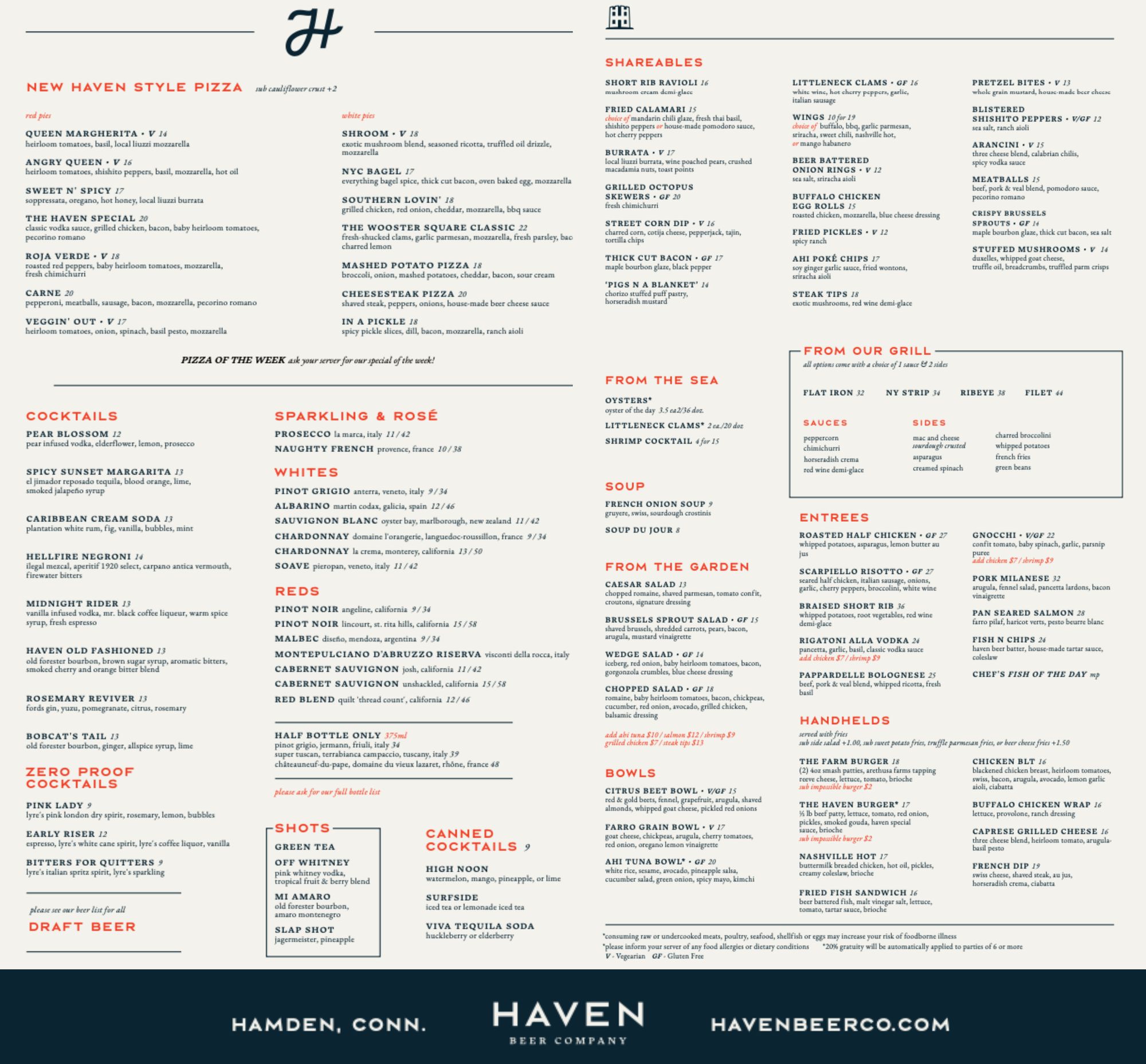 Menus | Haven Beer Company | Hamden, CT | Beer, Cocktails, & Food