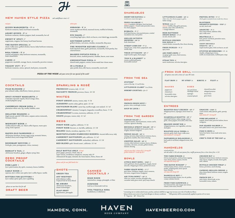 Menus | Haven Beer Company | Hamden, CT | Beer, Cocktails, & Food