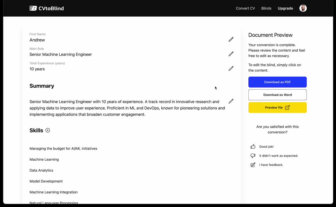 Convert CVs To Blinds In Seconds - Try It For Free