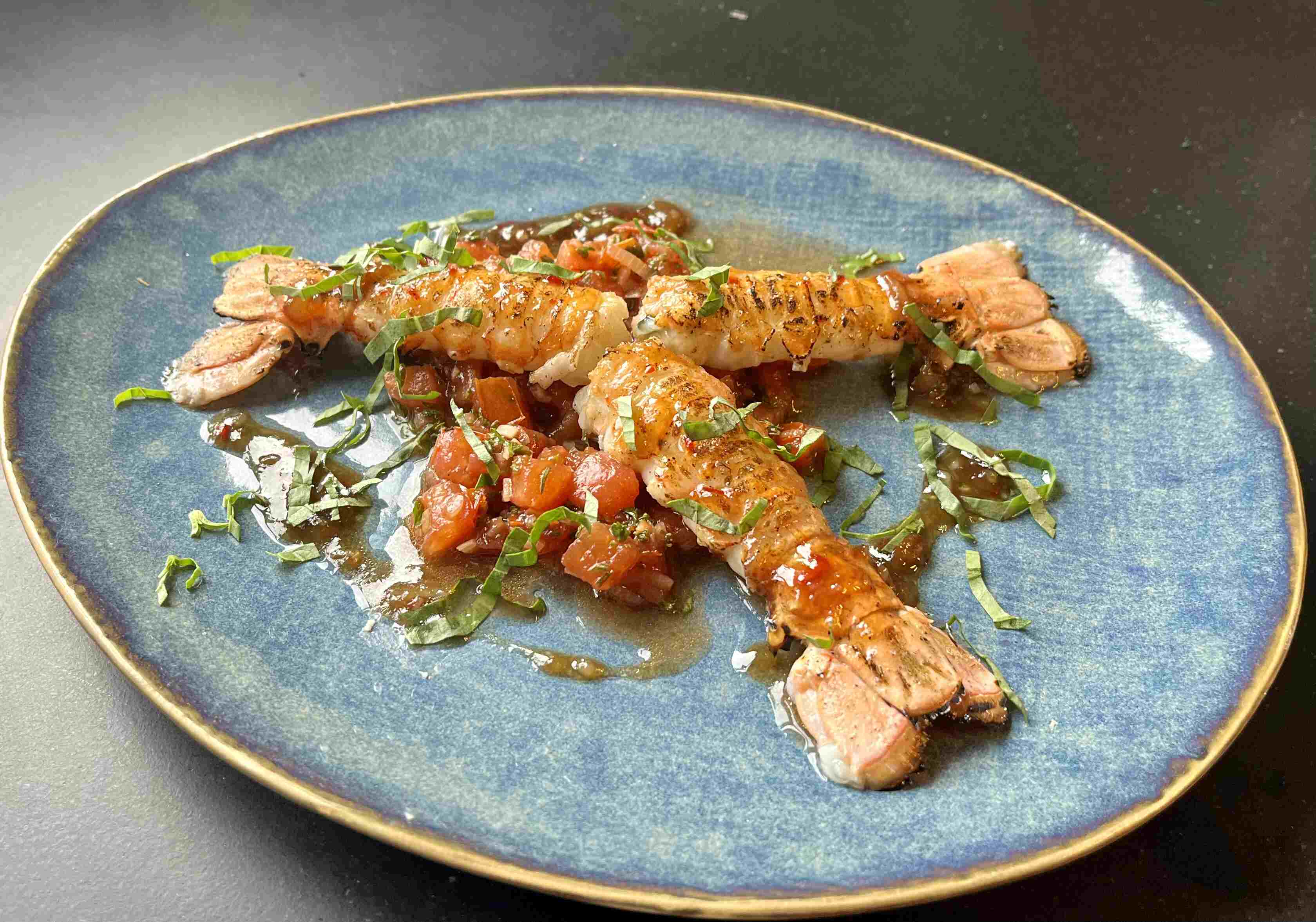 Caramelised langoustine, antiboise & mango