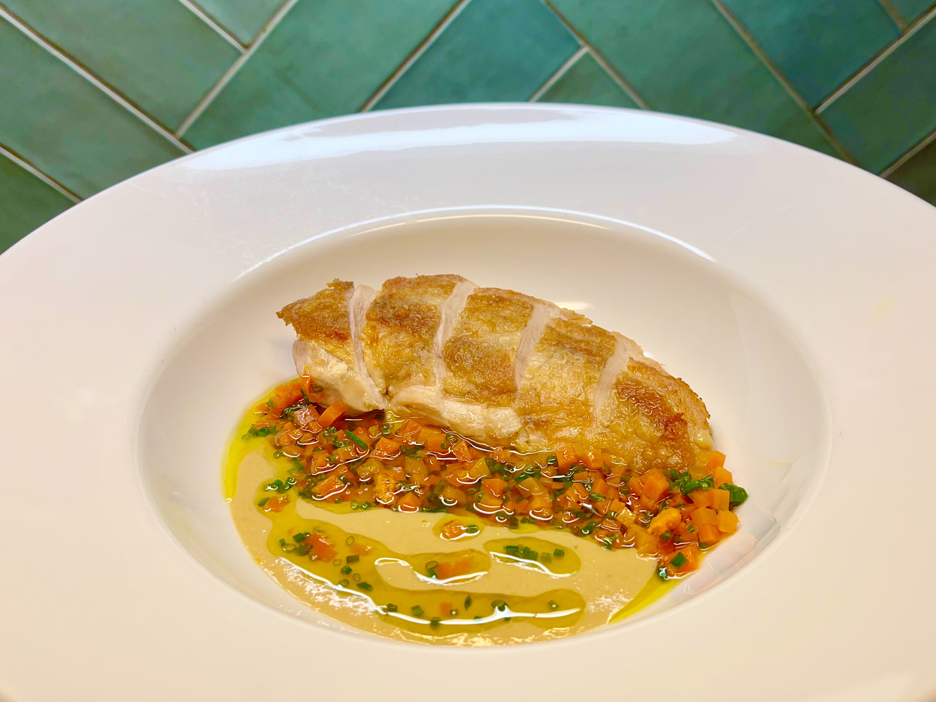 Chicken, corn veloute & carrot/orange vinaigrette