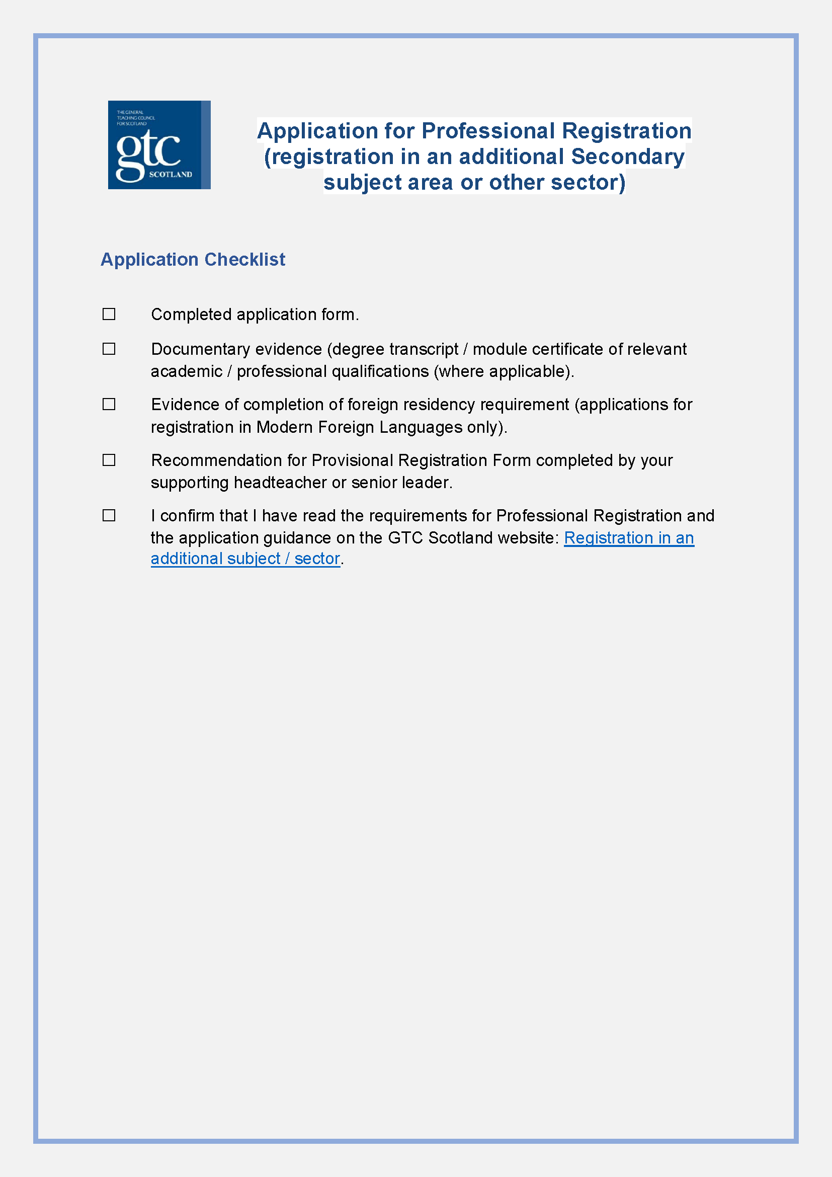 Document > Application for Professional Registration