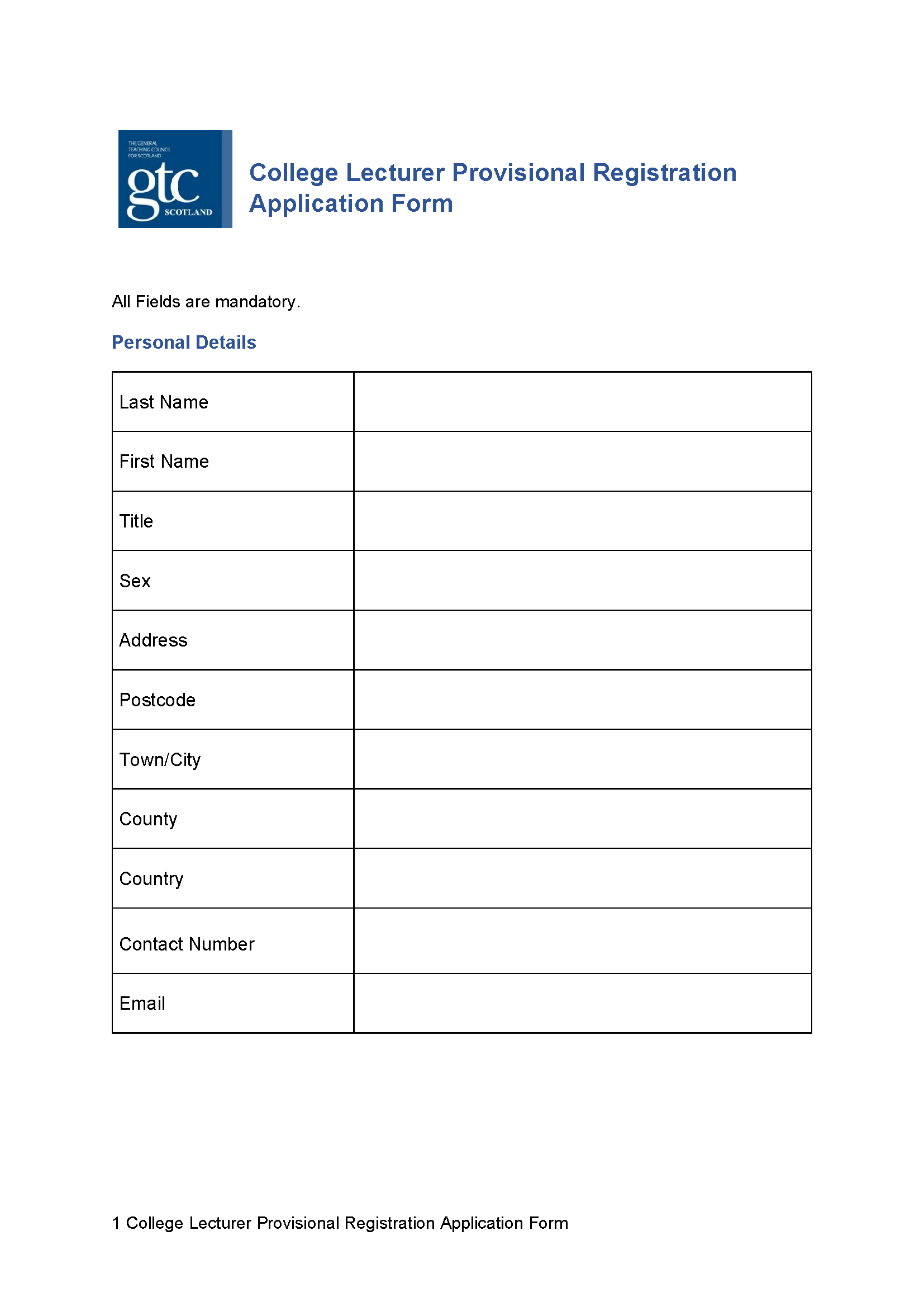 Document > College lecturer provisional registration application form
