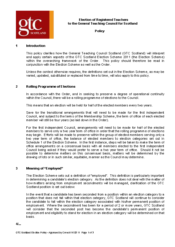 Document > Election of registered teachers to GTC Scotland policy