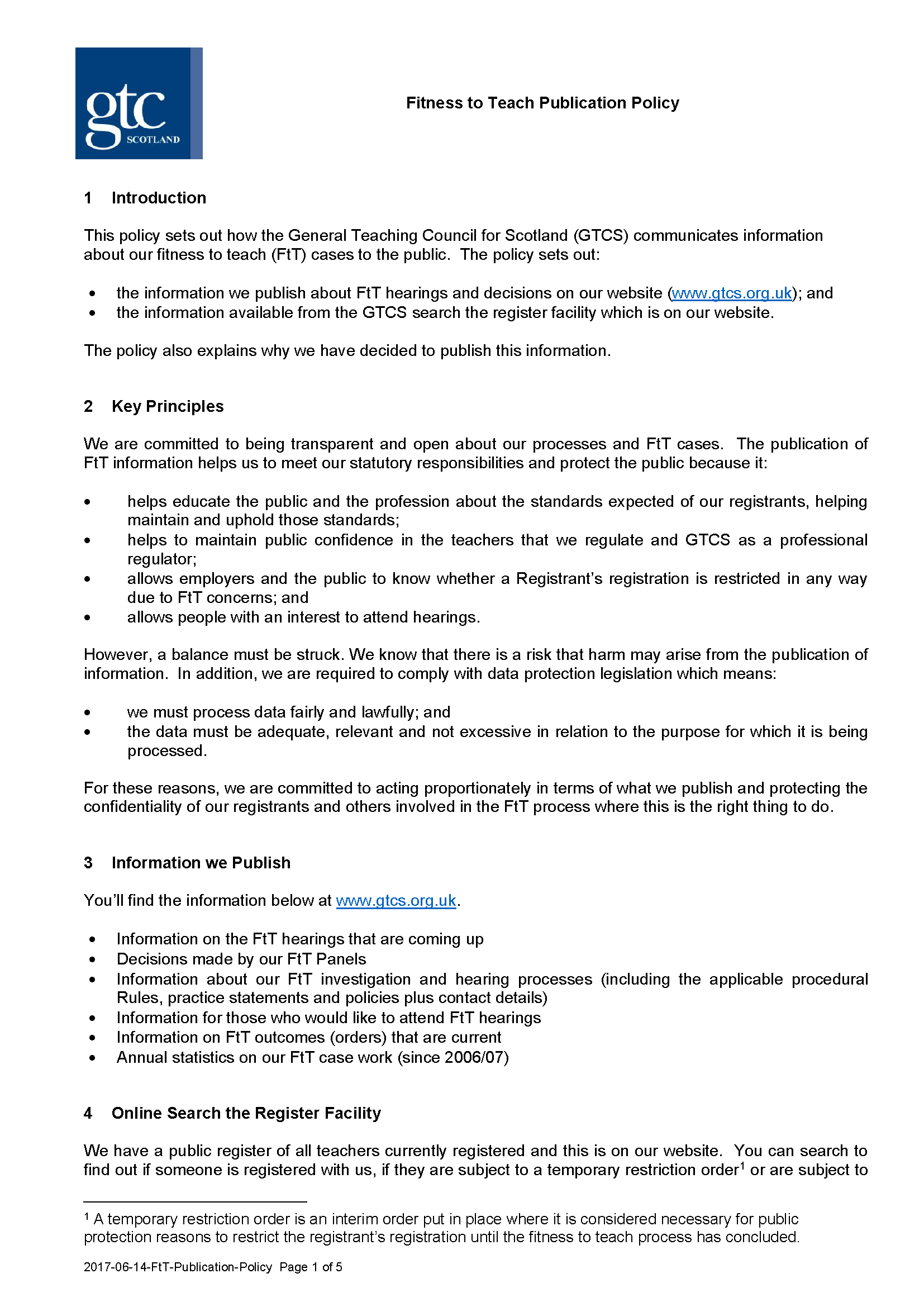 Document > Fitness to Teach publication policy