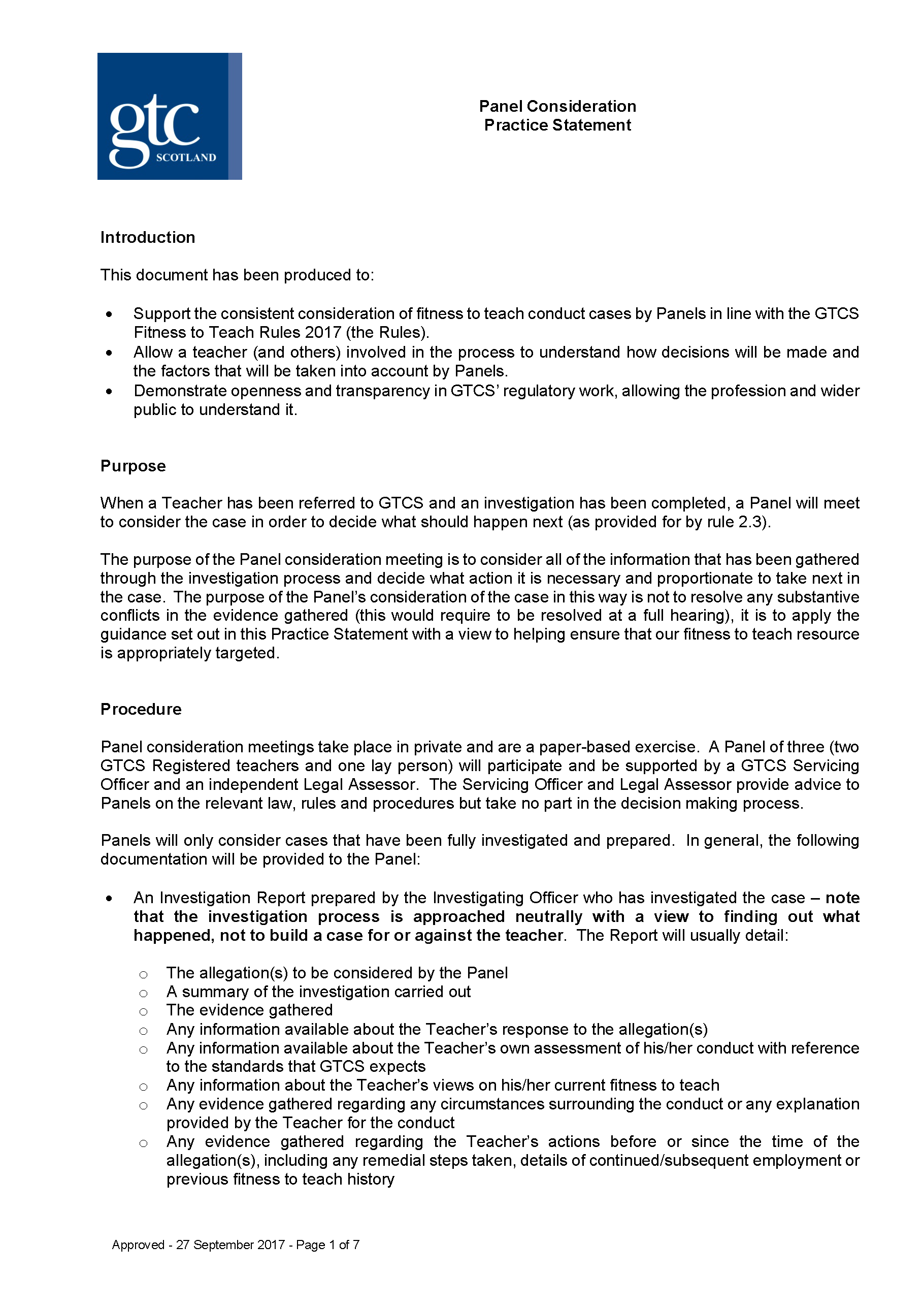 Document > Panel consideration practice statement