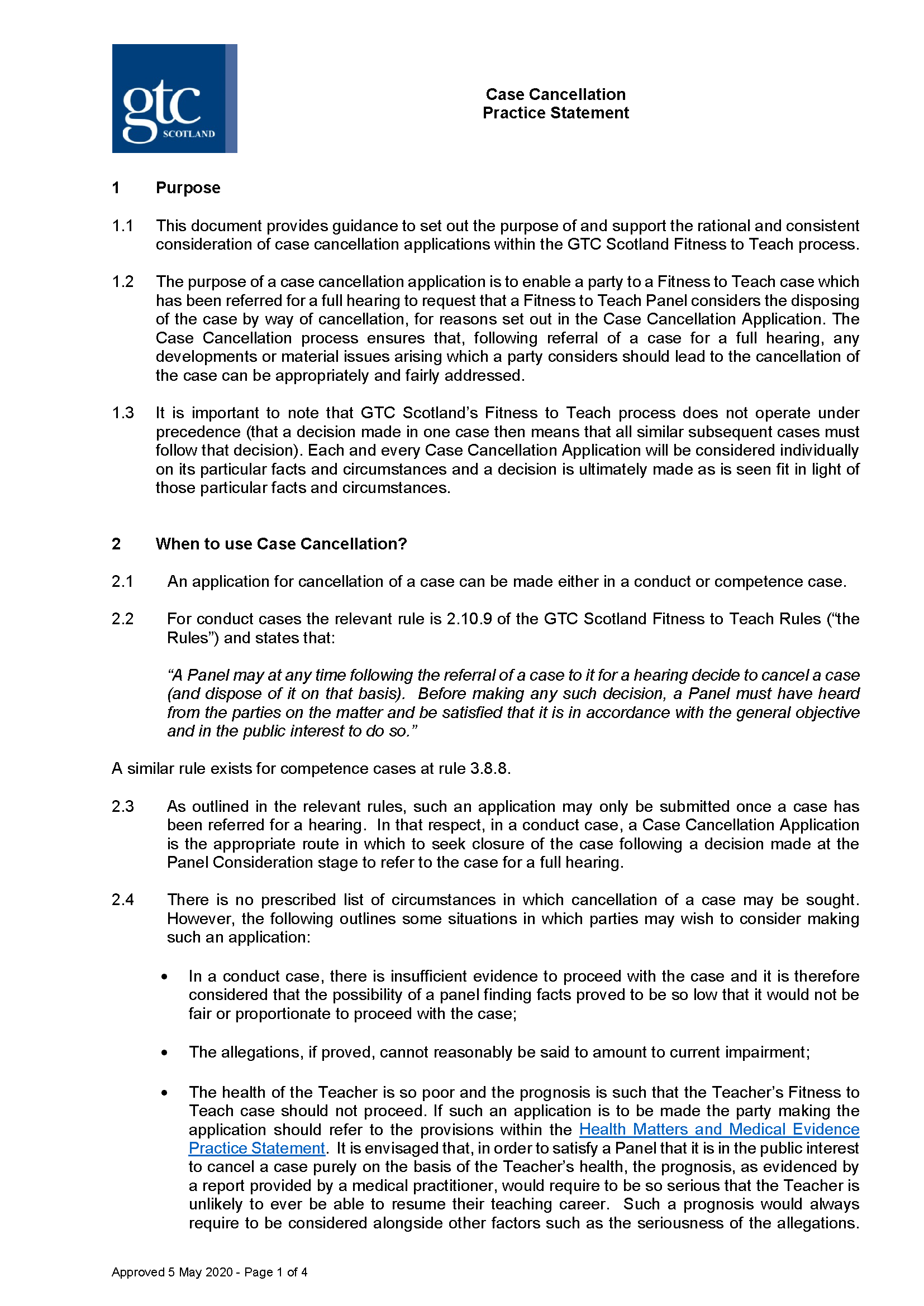 Document > Case cancellation practice statement