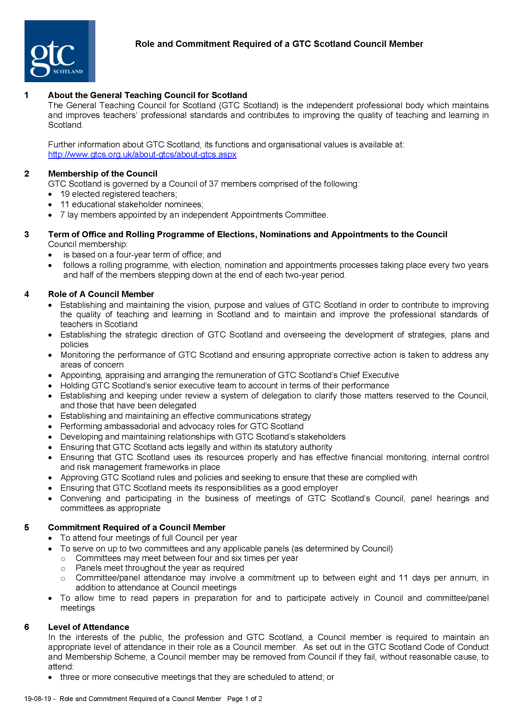 Document > Role and commitment required of a GTC Scotland Council member