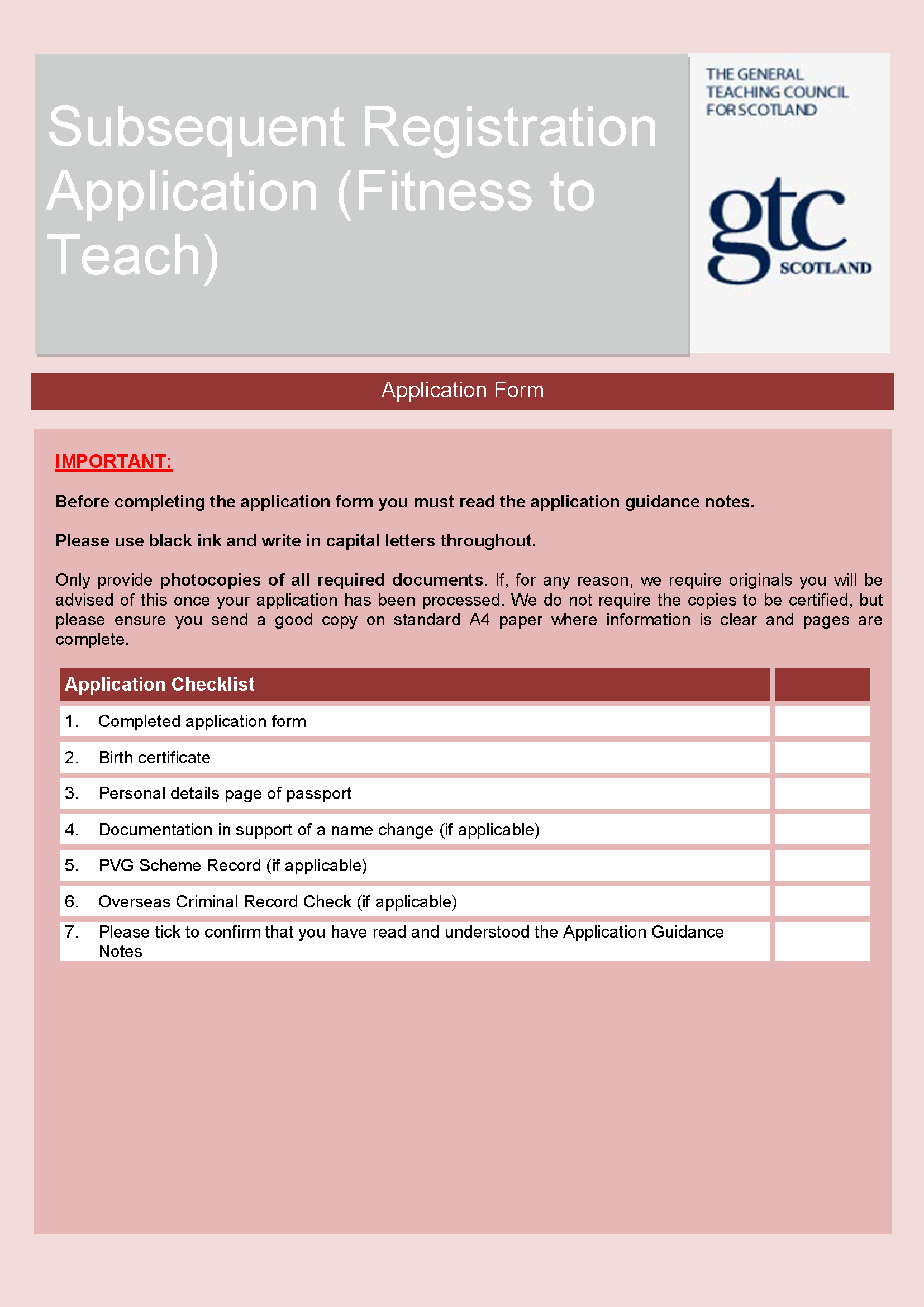Document > Subsequent registration application Fitness to Teach