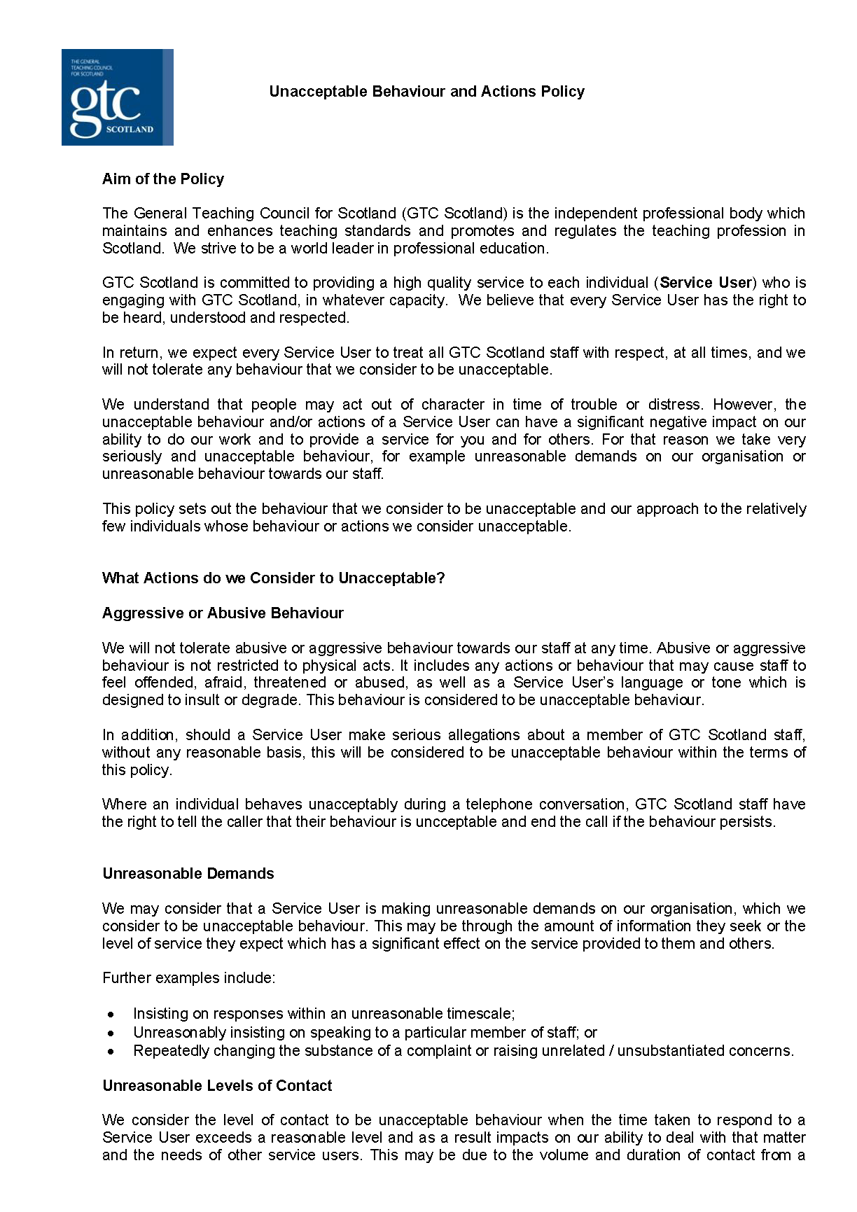 Document > Unacceptable behaviour and actions policy