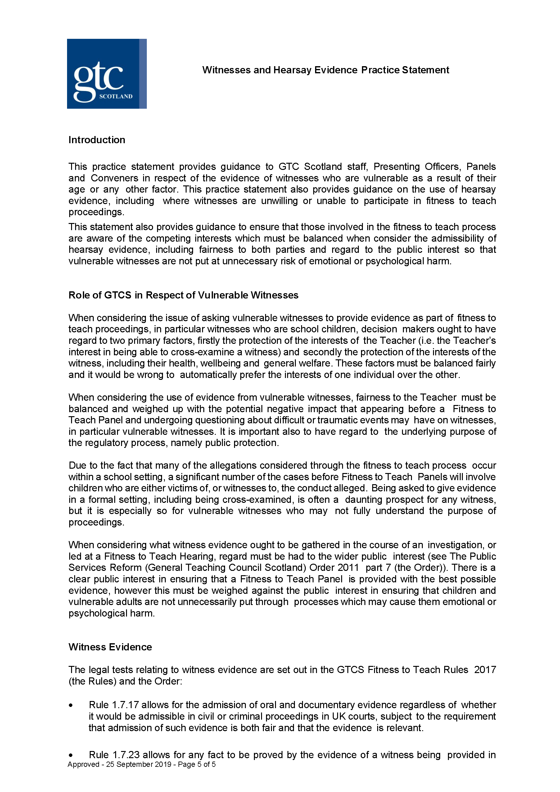 Document > Witnesses and hearsay evidence practice statement