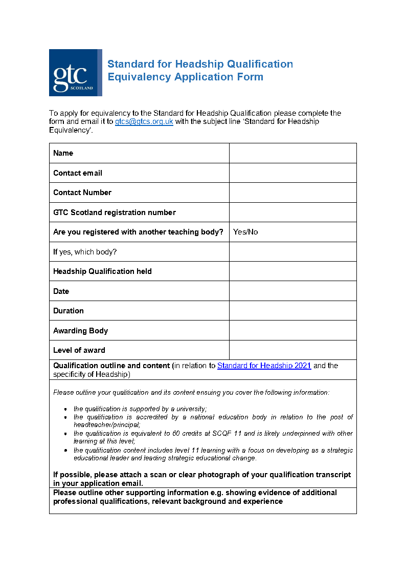 Document > Standard for Headship qualification equivalency application form