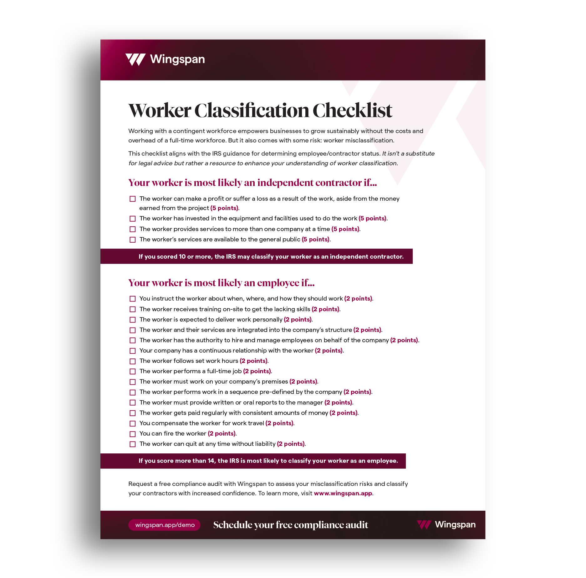 Independent Contractor vs. Employee Classification Checklist