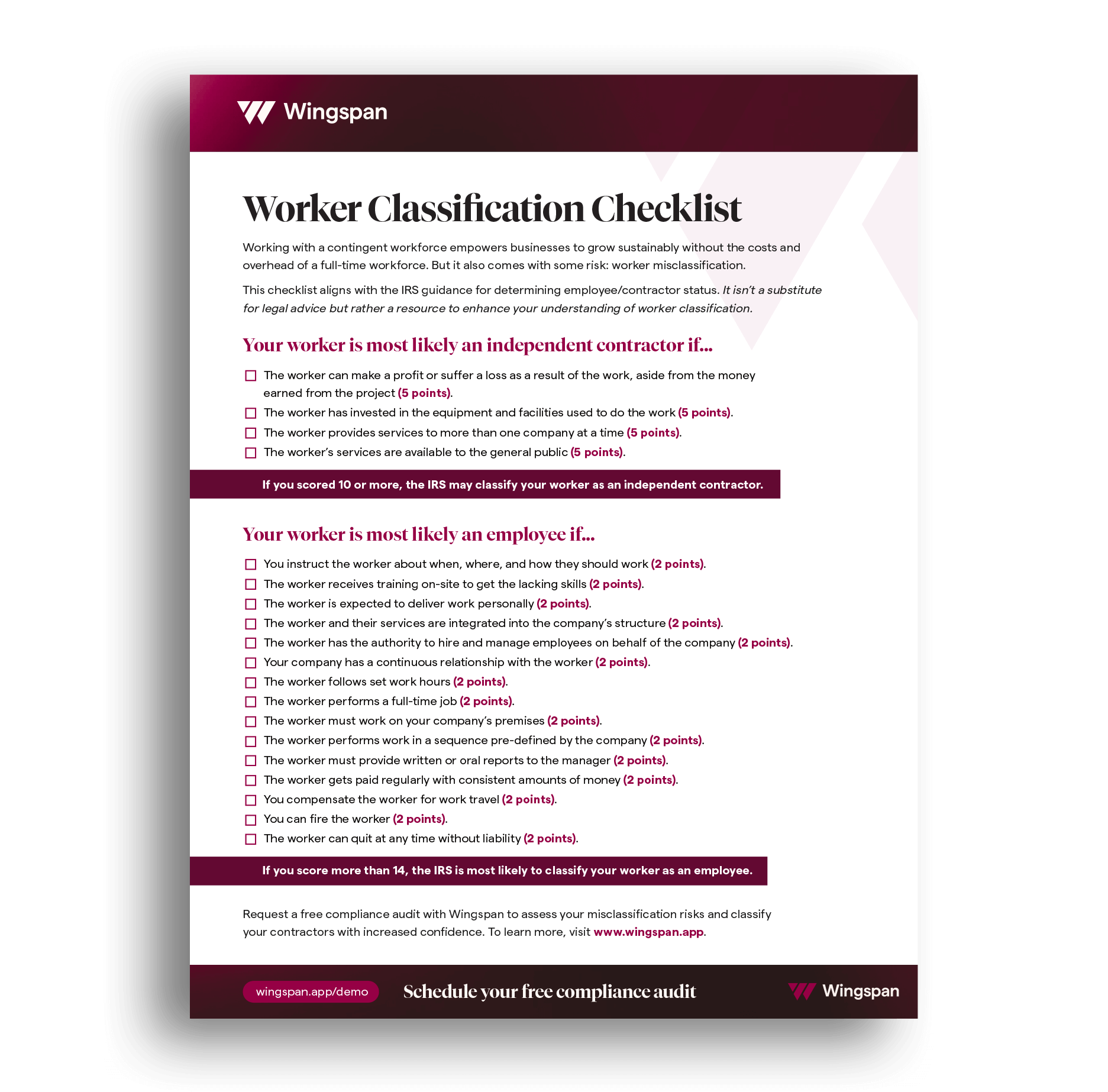 Independent Contractor vs. Employee Classification Checklist