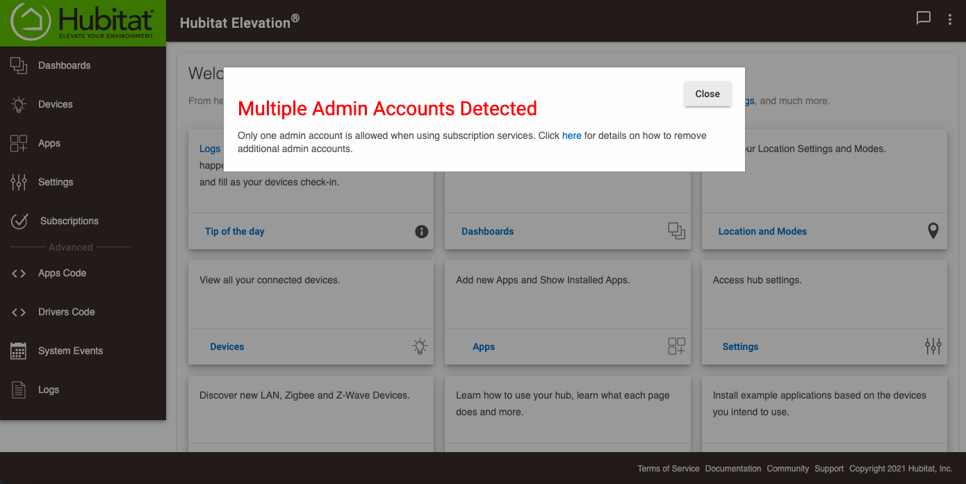 How to correct a Multi Admin error on Hubitat Elevation hub