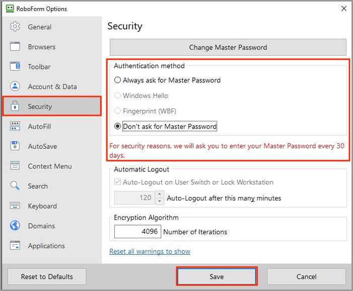 How to stop the Master Password prompts on Roboform
