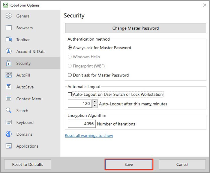 How to stop the Master Password prompts on Roboform