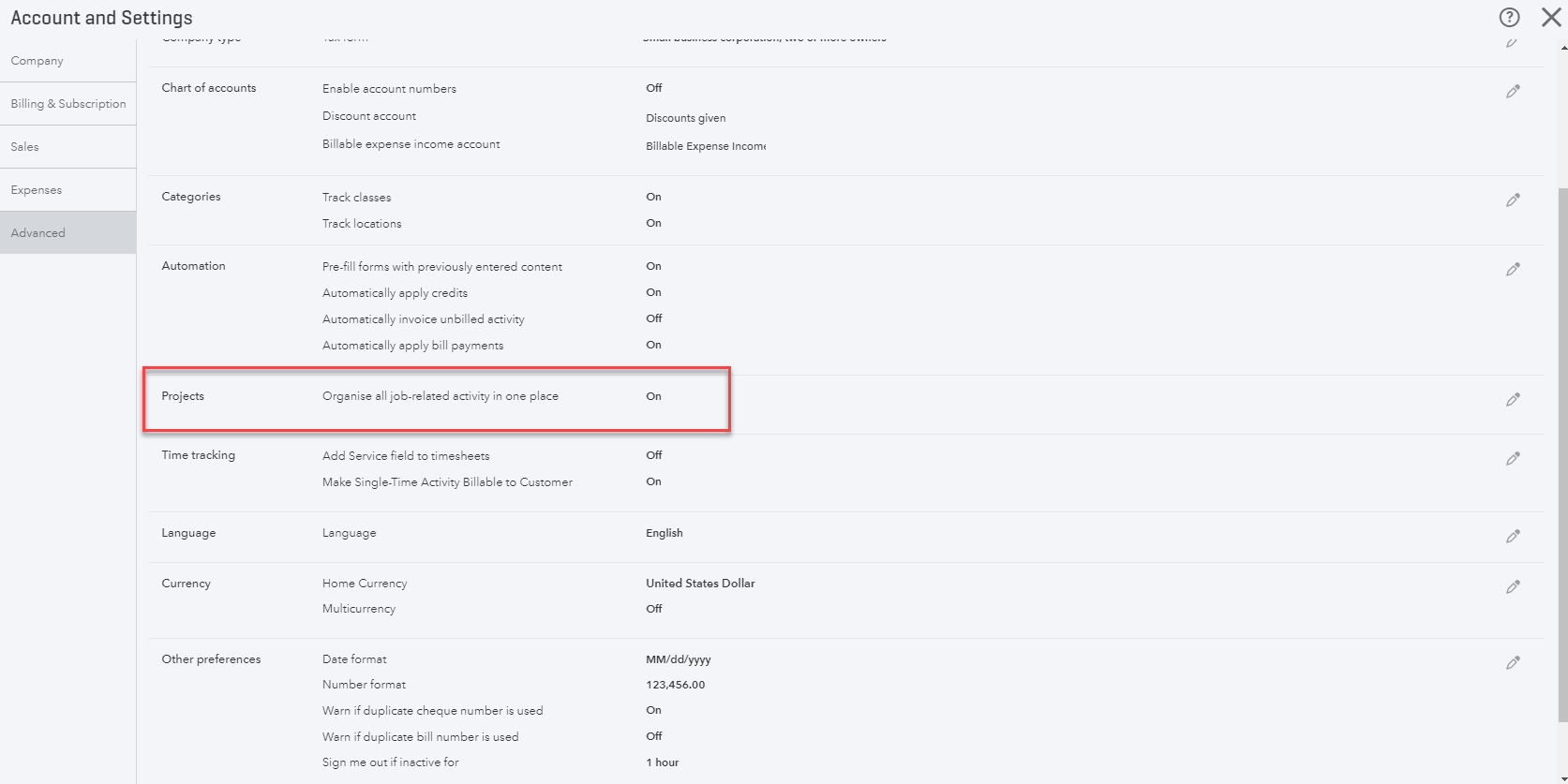 How to Turn on Projects in Settings in QuickBooks Online