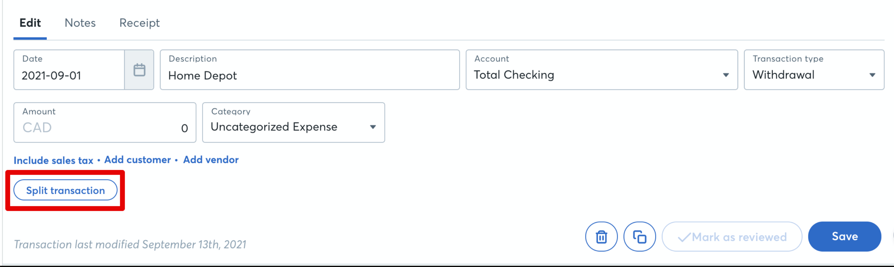 How to split a transaction in Wave Financial