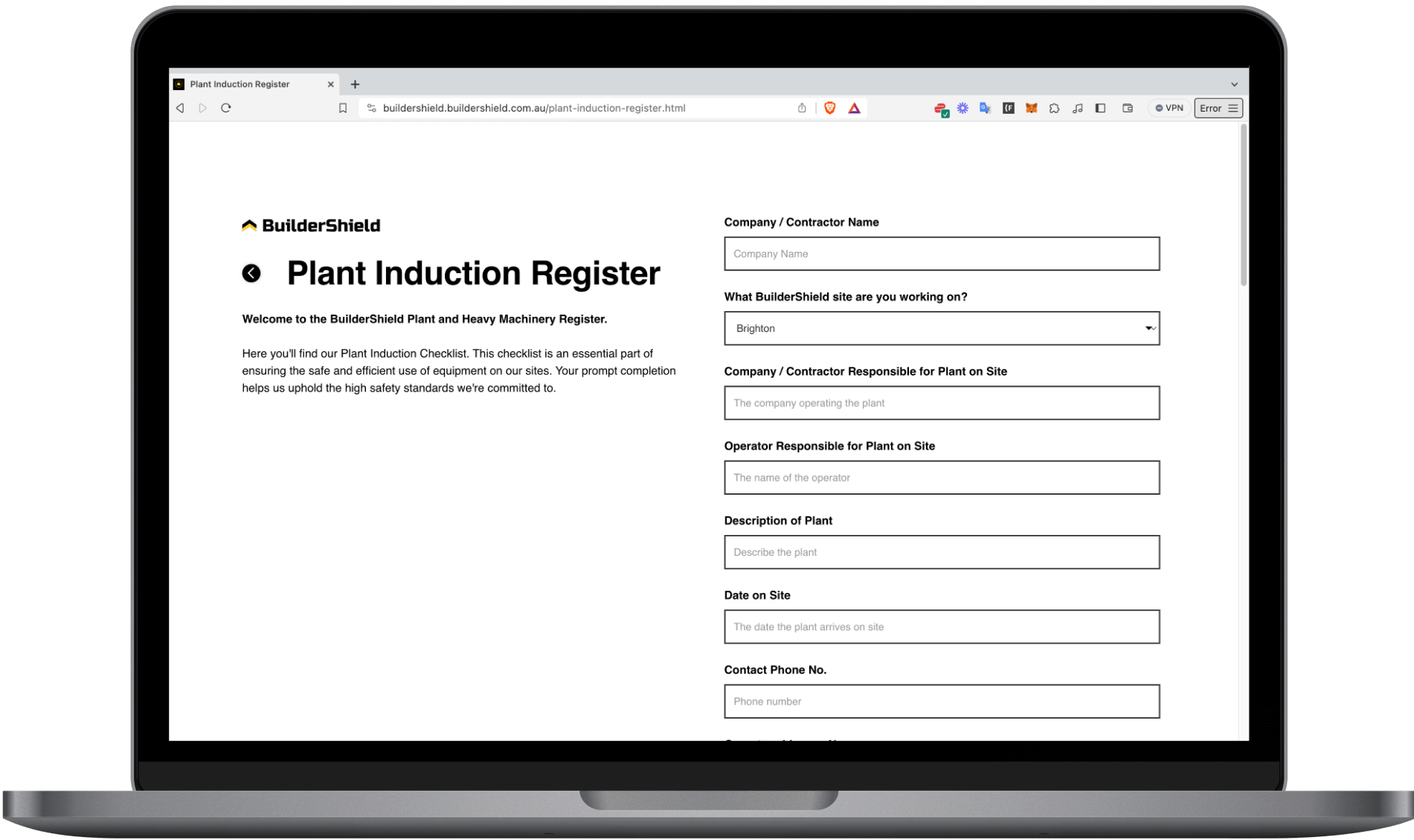 BuilderShield — Plant Register