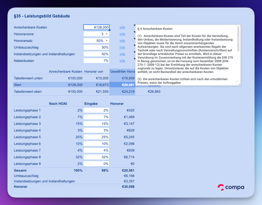 HOAI Rechner Online inkl. kostenloser Excel download - Honorarrechner ...