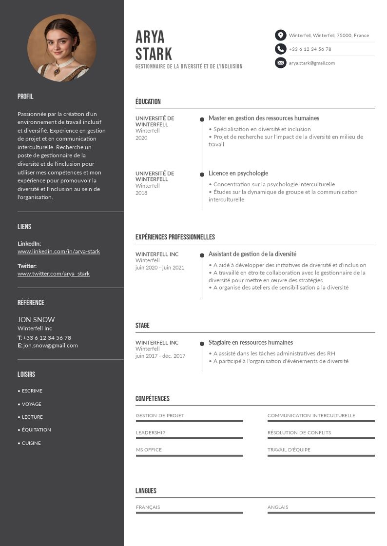 Exemples de CV Gestionnaire de la diversité et inclusion sans expérience.