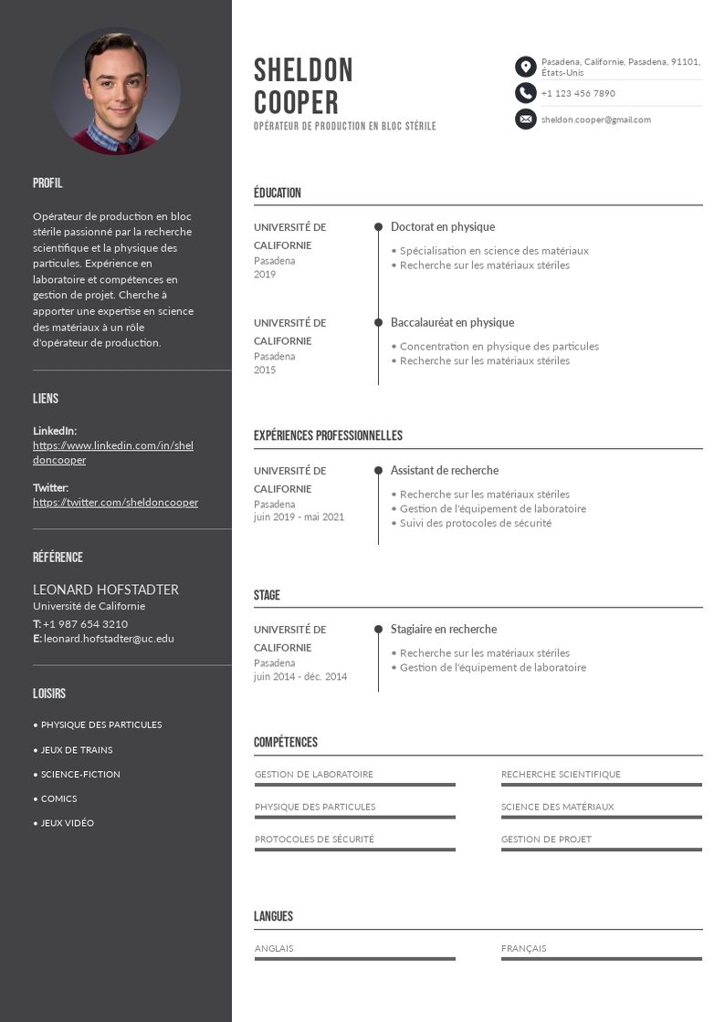Exemples de CV Opérateur de production en Bloc Stérile sans expérience