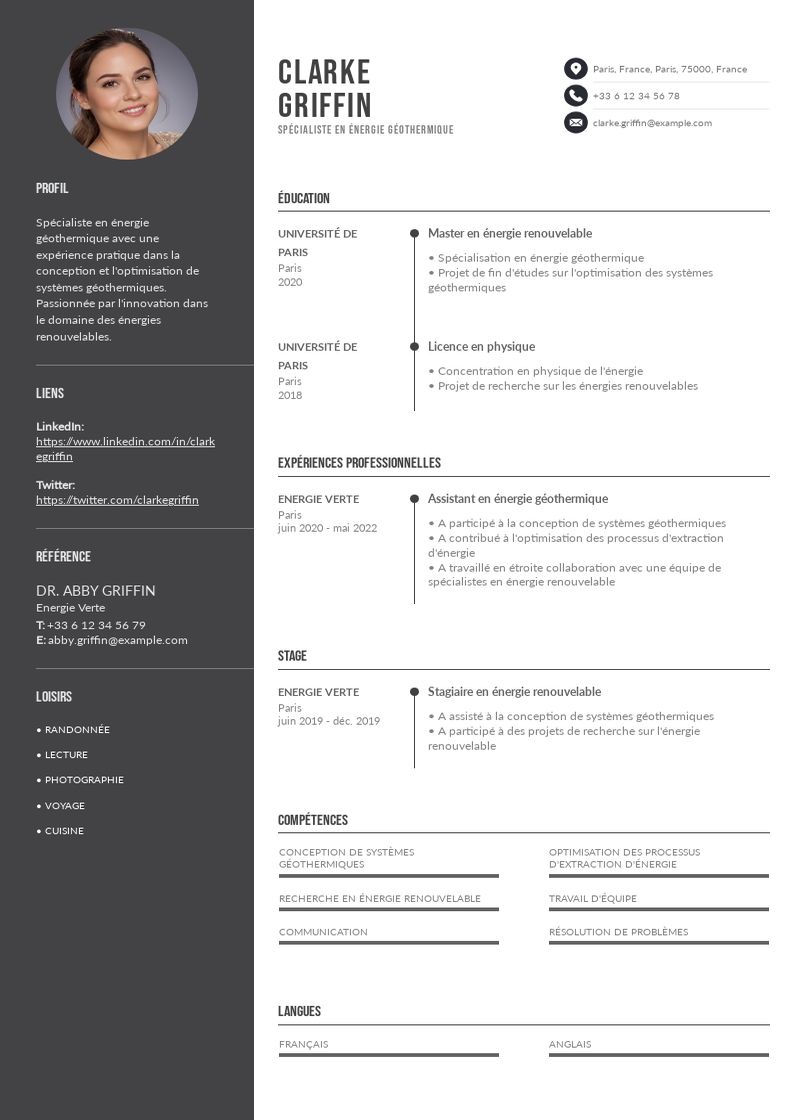 Exemples de CV niveau débutant pour Expert en énergie géothermique sans exp.